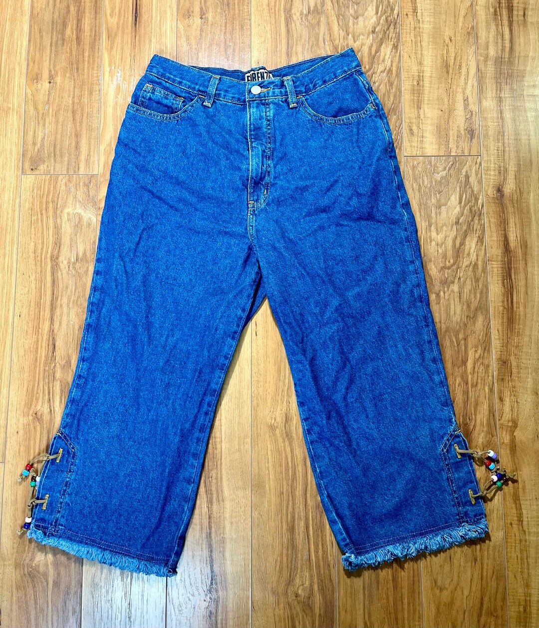 Womens Vintage 90s Frayed Capri Jeans Denim High Rise Beaded Lace up ...