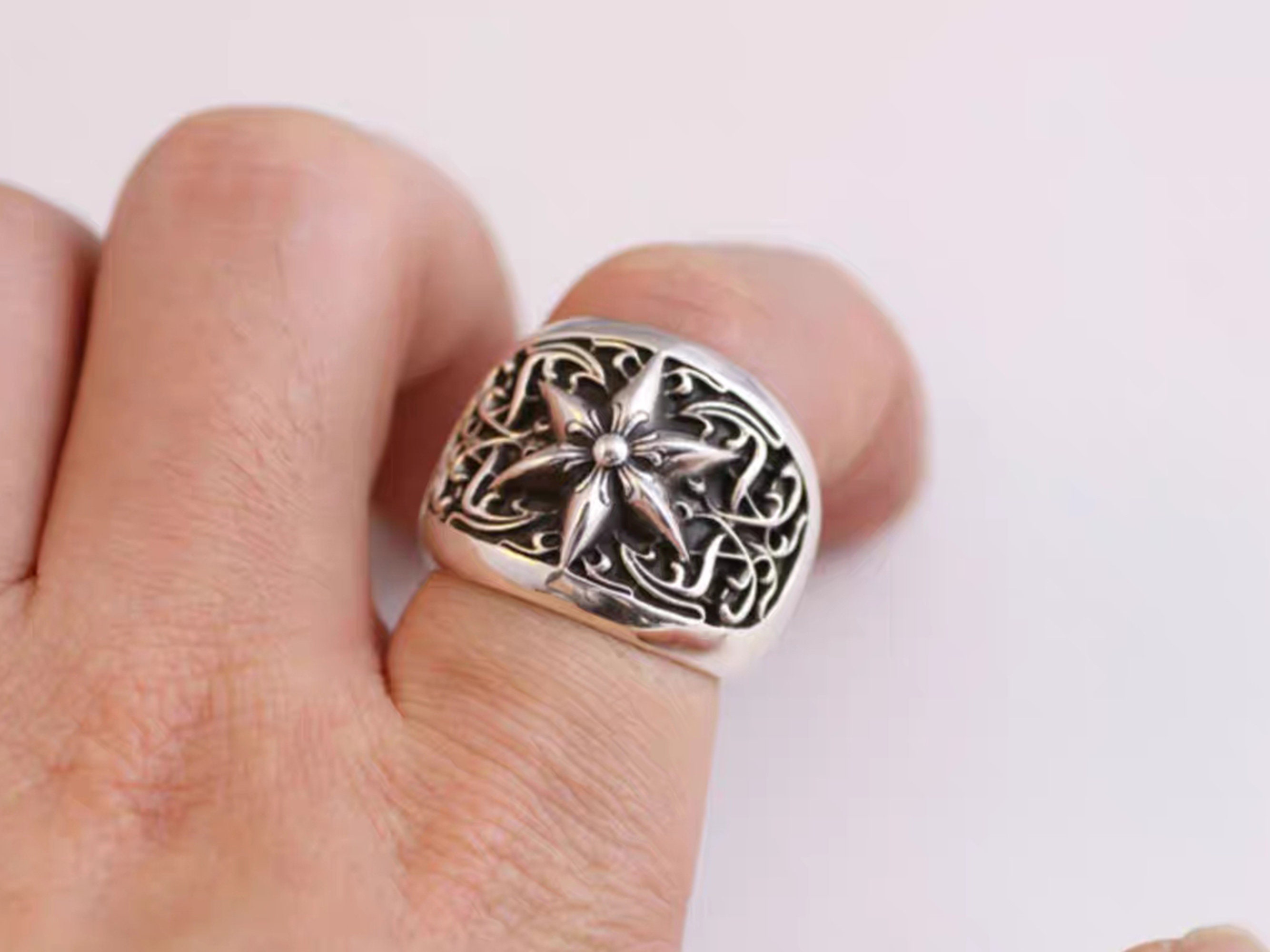 Sterling Silver Chrome Hearts Couple Rings, Gothic Hexagram Design ...