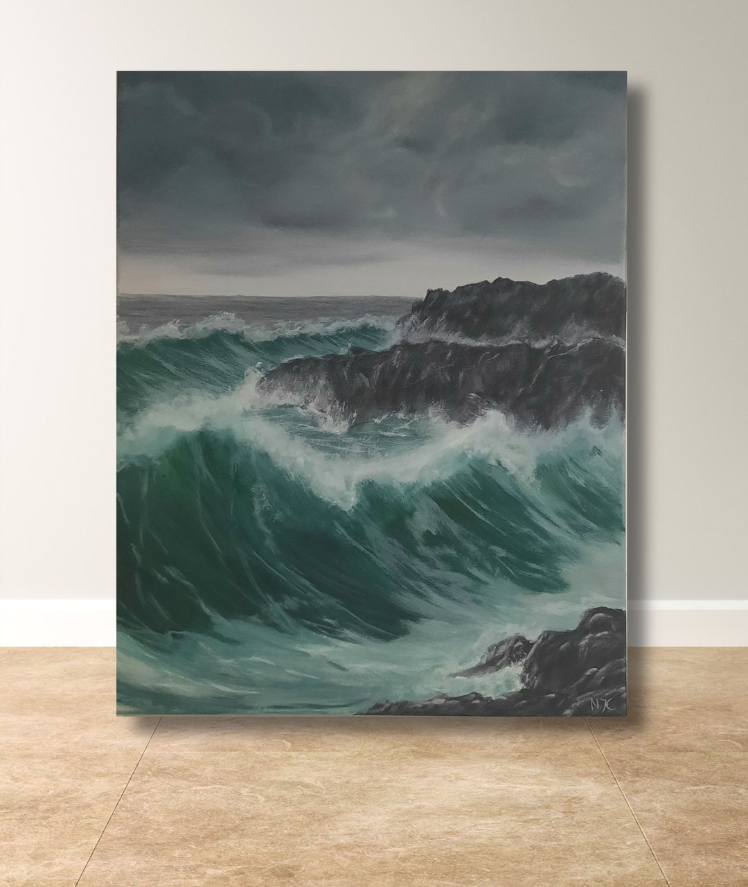 Ocean Wave Crashing Rocks Painting Original Seascape Thunderstorm ...