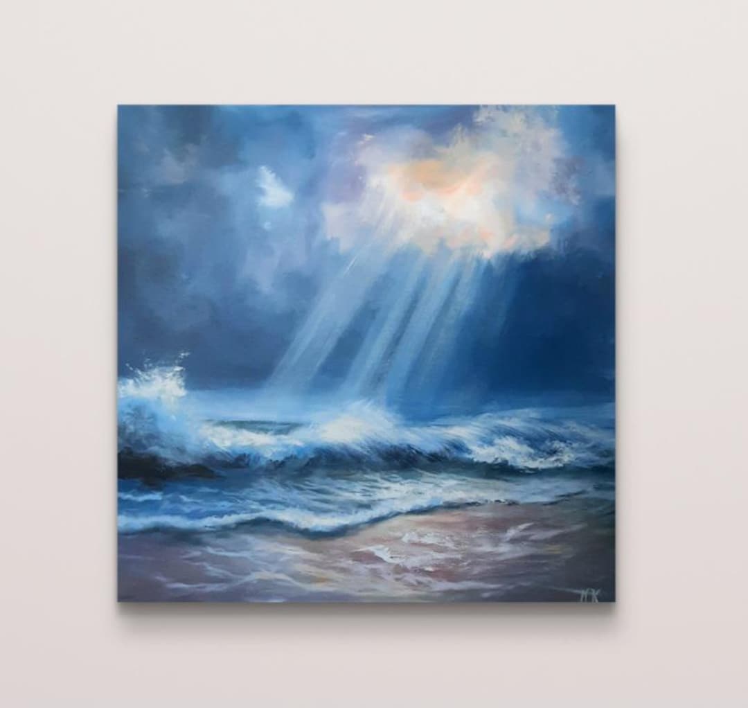 Ocean Wave Crashing Rocks Painting Original Seascape Thunderstorm ...