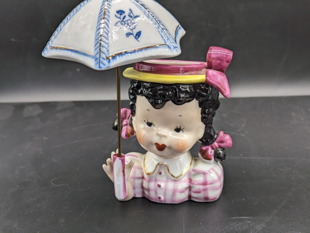 Vintage, Napco, Head Vase, Little Girl, Brown Hair, Parasol, Pink ...