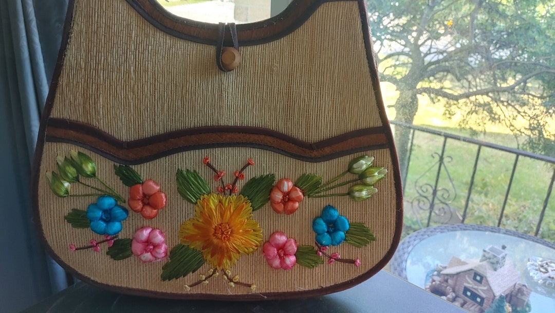 Vintage, Straw Purse, Novelty, Straw, Woven, Handbag, 3D Floral ...