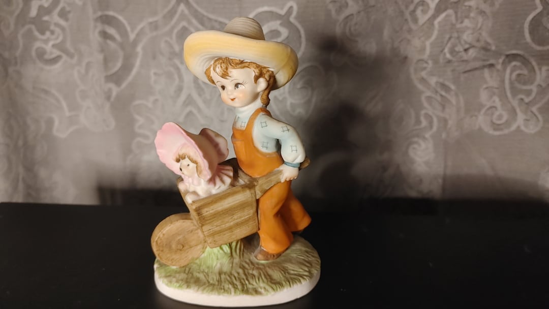Vintage, Lefton, Boy, With Wheelbarrow, Puppy, With Bonnet, Rare ...