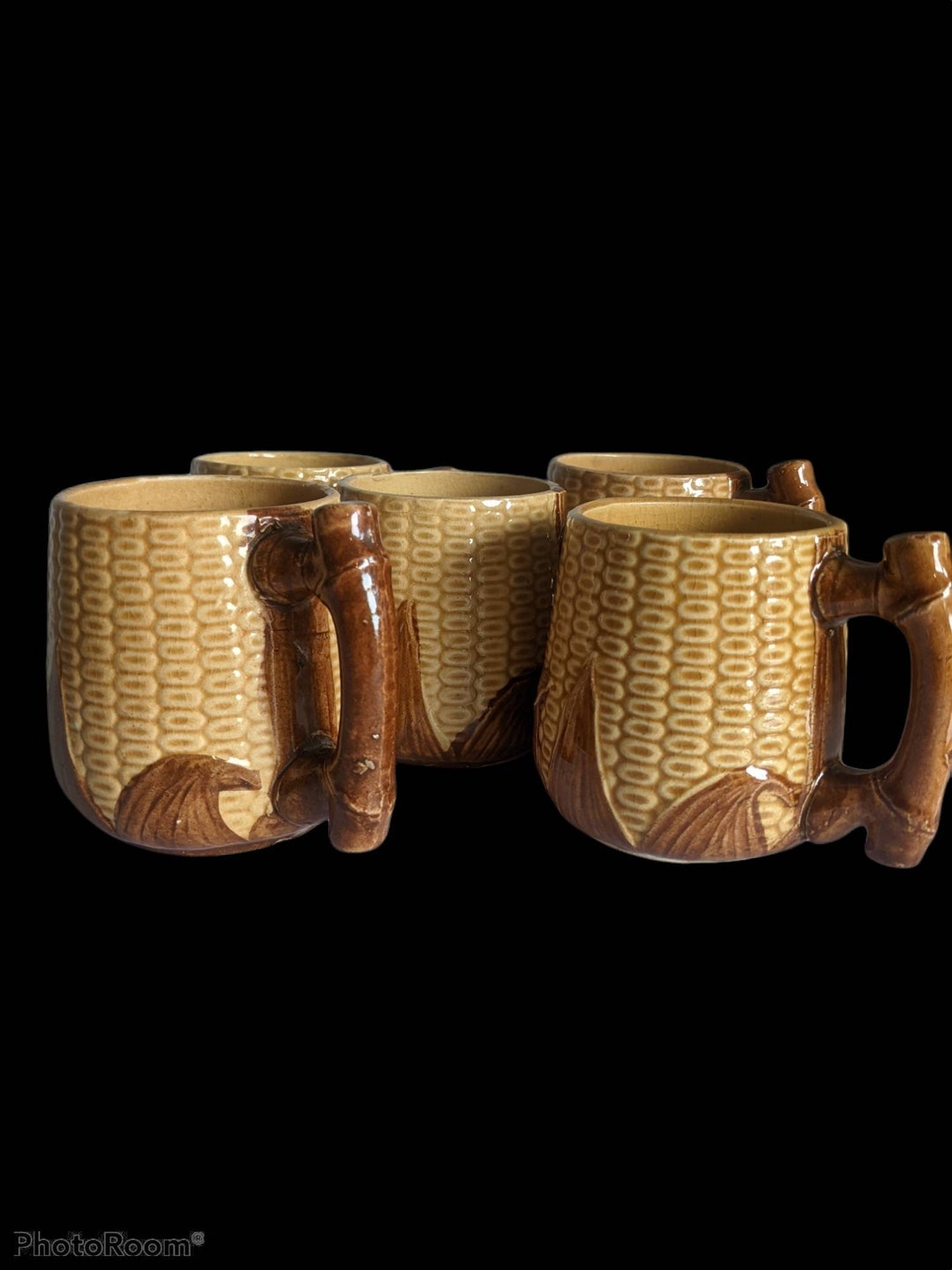 Antique Majolica Corn Mug Set, Brown Glaze, Kitchenware Decor - Etsy