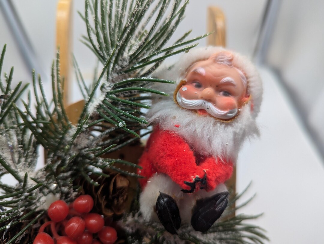 Vintage, 1950s Santa, Decoration, on Sleigh, Frosted Fir, Rubber Faced ...