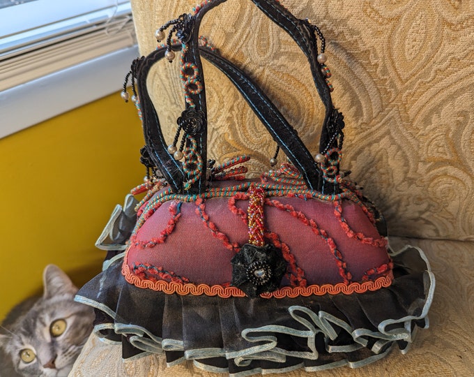 Vintage, Mary Frances Purse, Ruffles, Beading, Florals, Orange, Purple ...