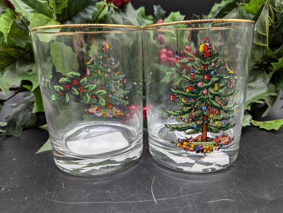 Vintage, Spode, Glasses, Christmas Tree, Presents, Gold Rimmed, 12oz ...