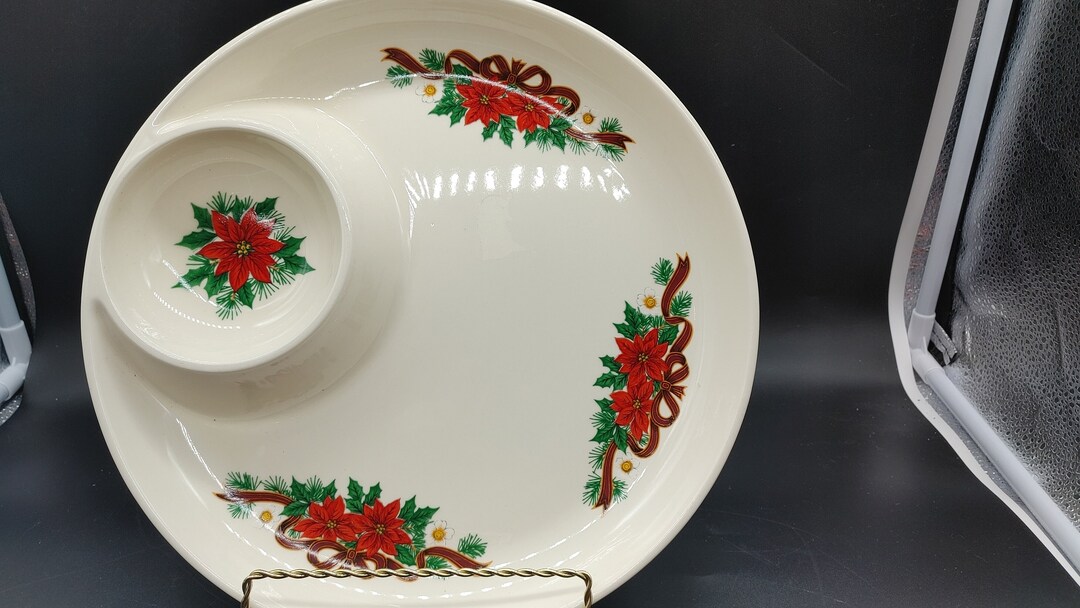 Vintage, Poinsettia, Sectioned, Serving Plate, or Chip N Dip Bowl ...