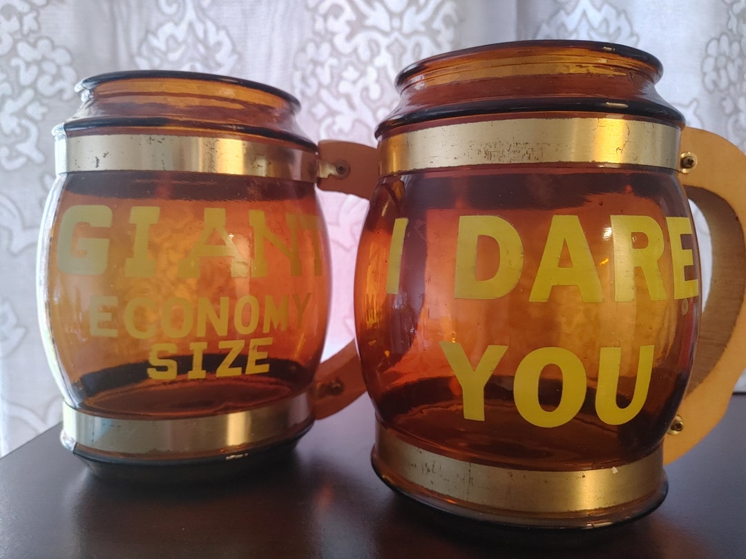 Two Oversized, Glass, Brass, Barrel, Beer Mugs, I Dare You, Giant ...