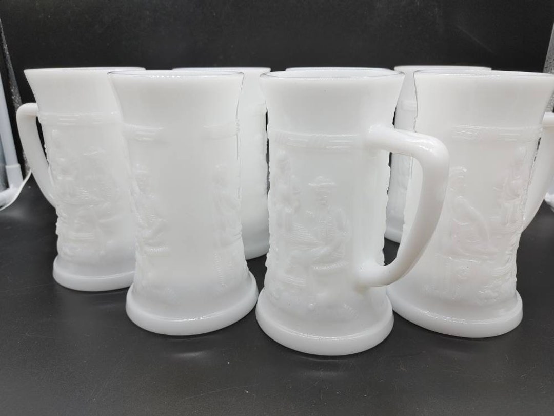Federal Glass Feg9 Milk Glass Tavern Scene Beer Mug Steins Set Of