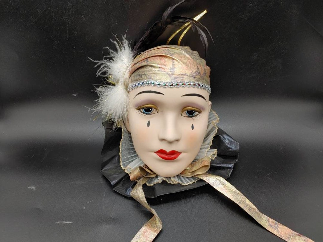 Vintage, Porcelain Mask, Wall Hanging, Fancy Lady, Feathers, Scarf ...