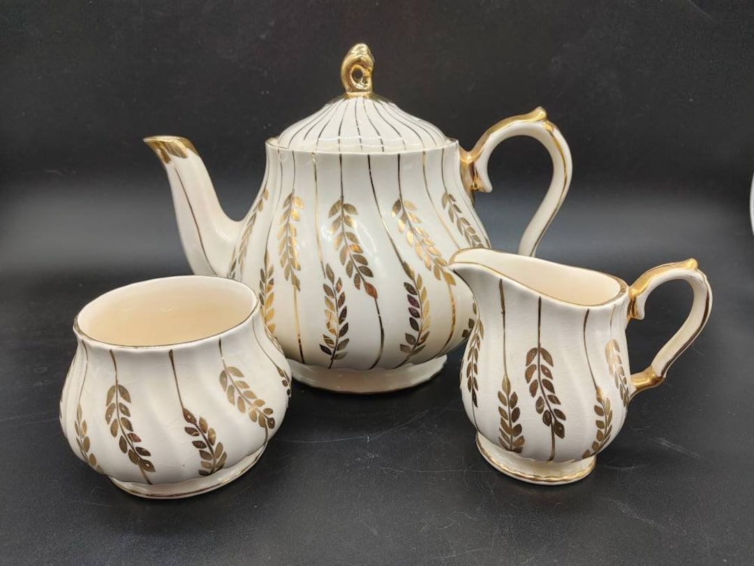Vintage Sadler Tea Set, 4 Pieces, Hand Painted Gold Wheat Swirl on ...