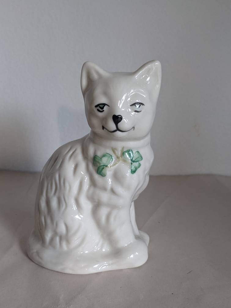 Belleek Ireland Quizzical Cat White With Shamrock Bow - Etsy