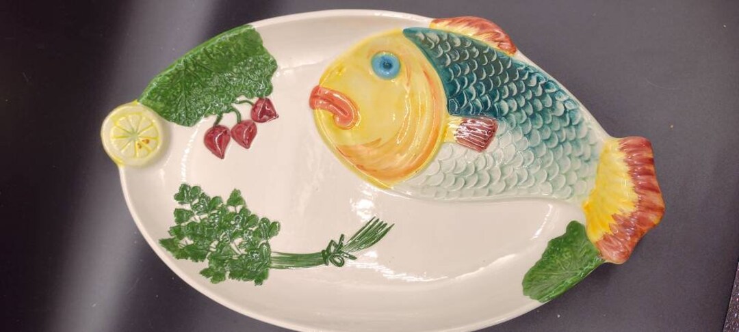 Vintage, Large, Fish Platter, Made in Portugal, Garnish, Lemon, Parsley ...