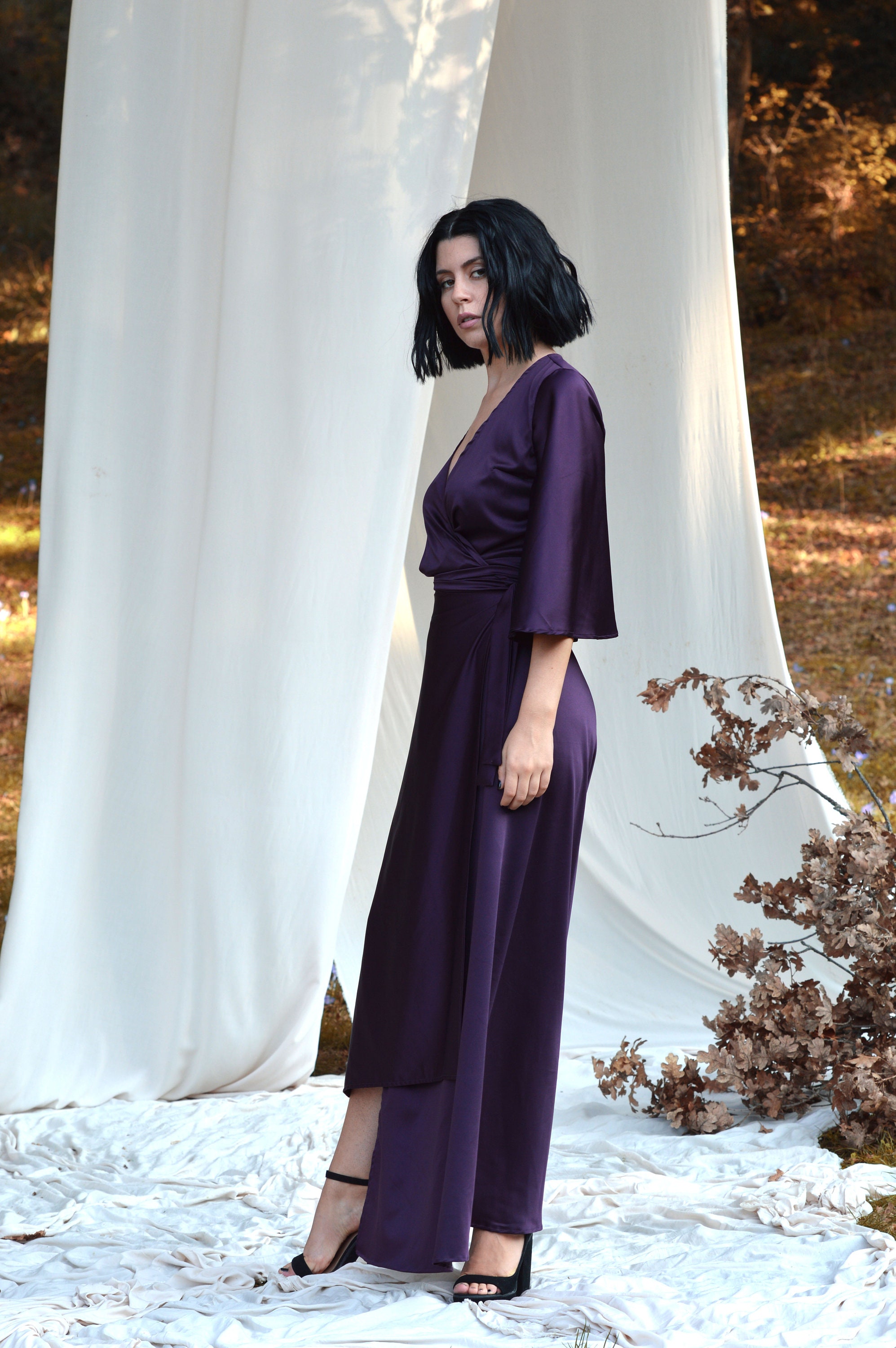 Purple Silk Dress Maxi Dress Assymetrical Dress Wrap Dress Extravagant ...