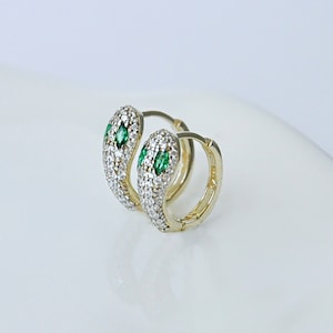 14K Solid Gold Snake Earrings, Green Eye Snake Hoop Earrings, Serpent ...