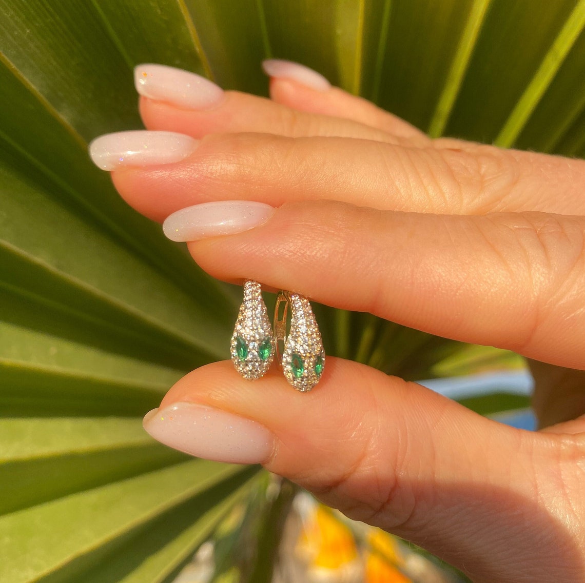 14K Solid Gold Snake Earrings Green Eye Snake Hoop Earrings - Etsy