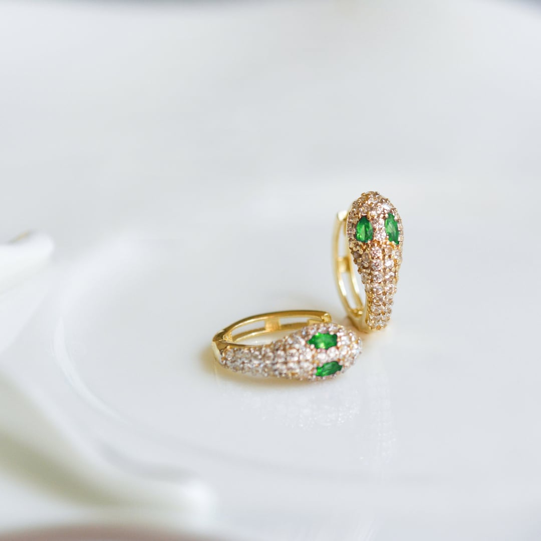 14K Solid Gold Snake Earrings, Green Eye Snake Hoop Earrings, Serpent ...