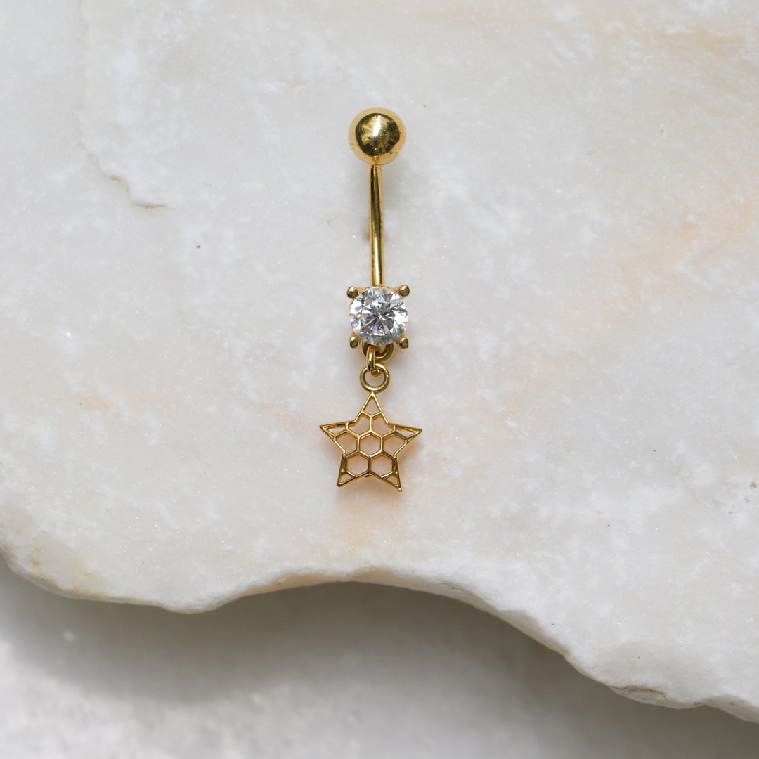 14K Solid Gold Star Belly Ring, Belly Button Rings, 14K Gold Belly Ring ...