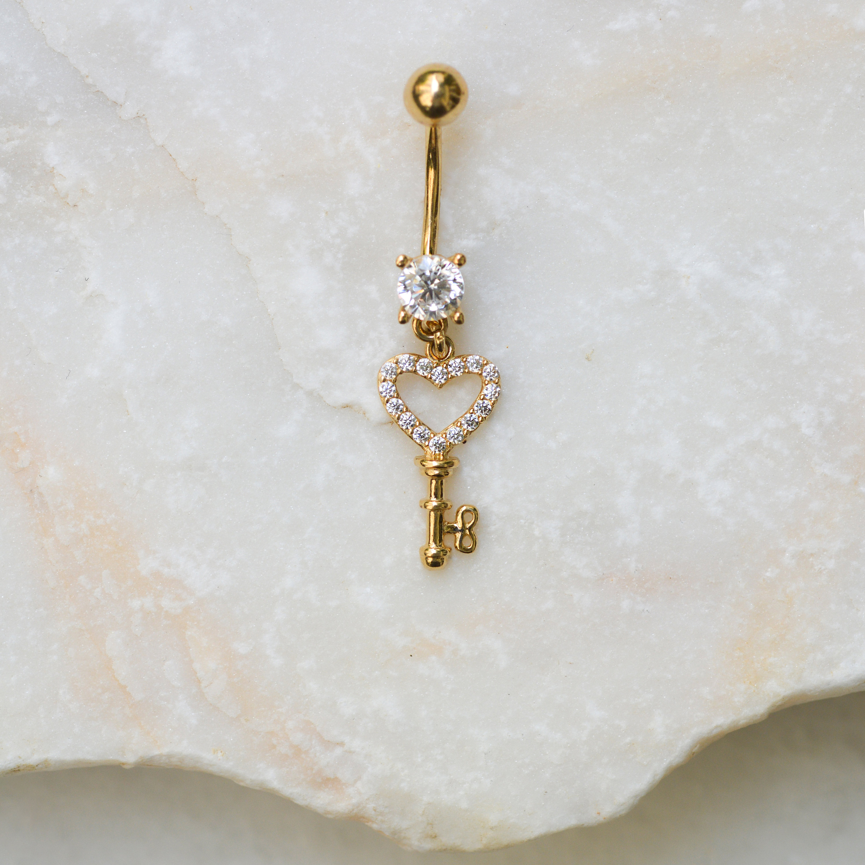 14K Solid Gold Belly Button Ring, Dangle Key Navel Piercing Ring, Real ...