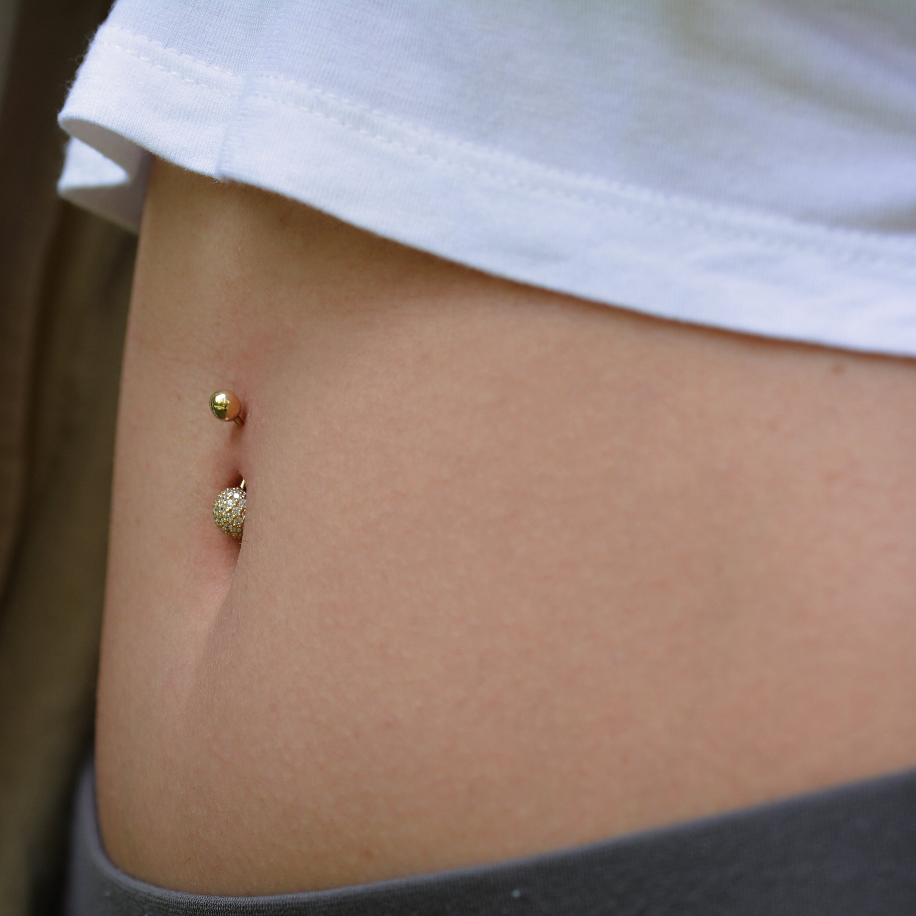 14K Gold Belly Ring, Gold Ball Charm, Pave Beads Navel Ring, 14k Gold ...