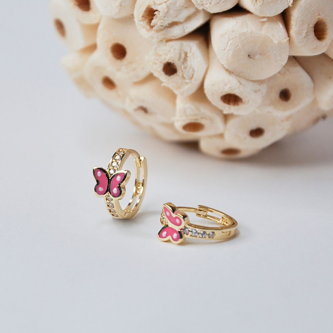 14K Solid Gold Earrings for Young Girls, Pink Butterfly Hoop Earrings ...