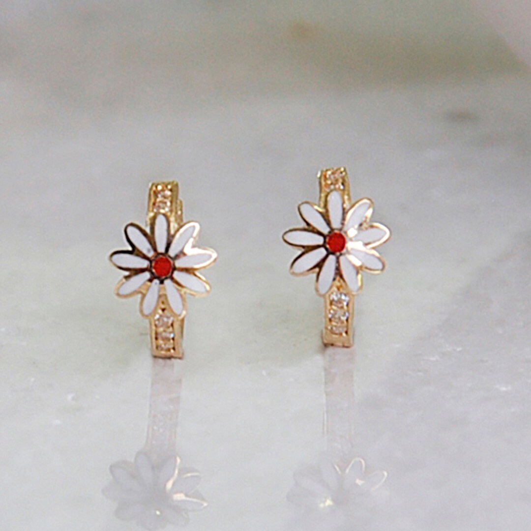 14K Gold Daisy Hoop Earrings: Enamel Flower Huggies, Daisy Hoops, Gift ...
