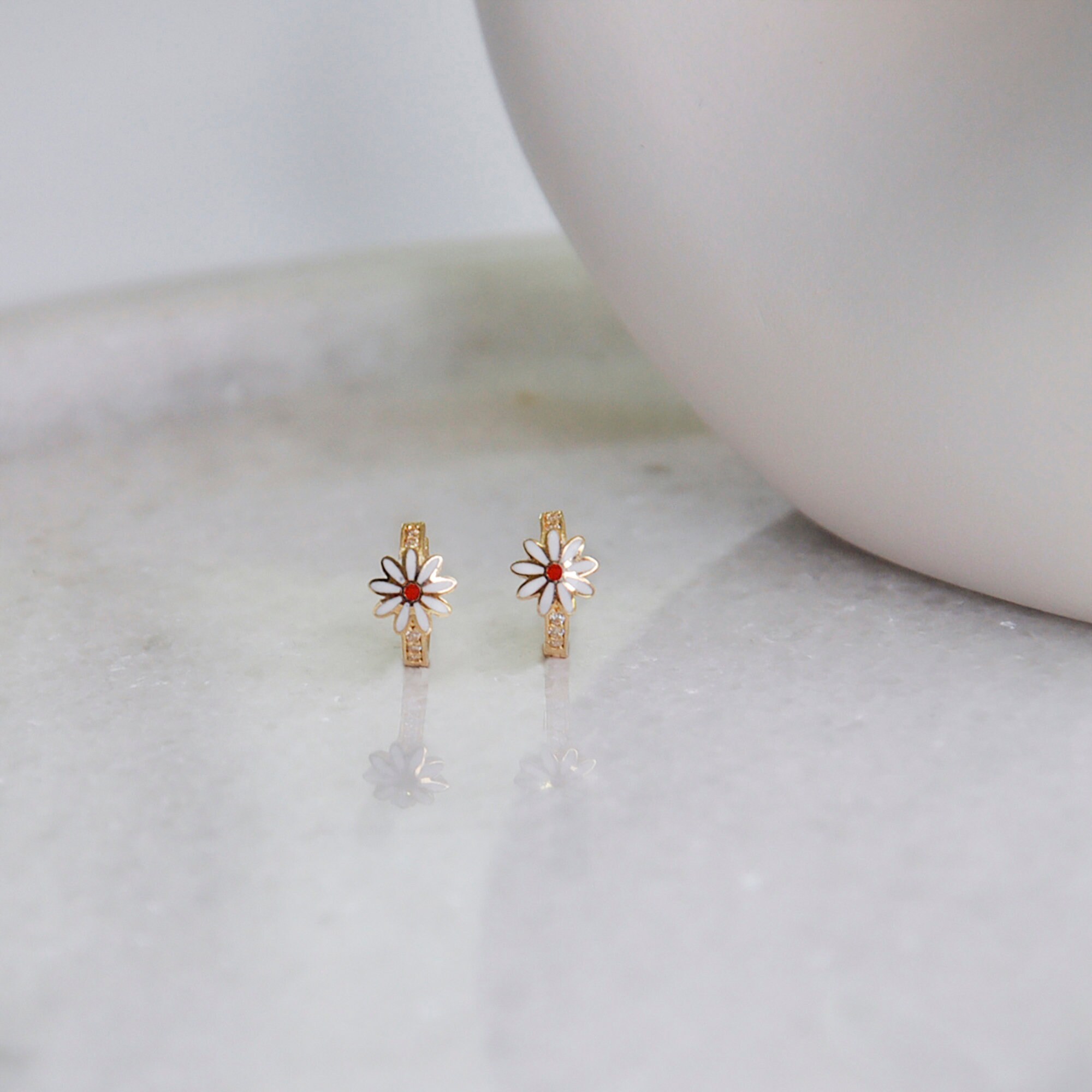 14K Gold Daisy Hoop Earrings: Enamel Flower Huggies, Daisy Hoops, Gift ...