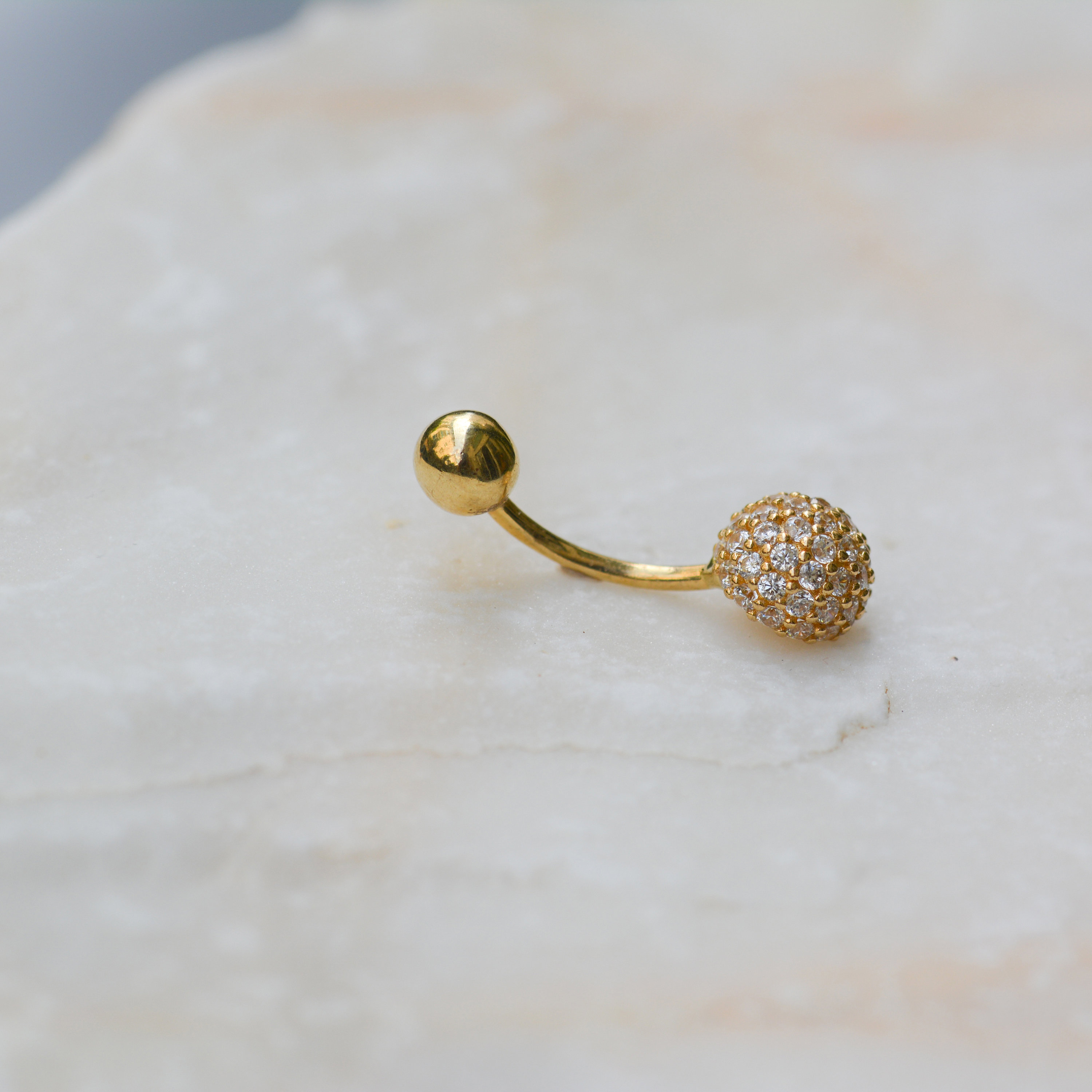 14K Gold Belly Ring Gold Ball Charm Pave beads navel ring | Etsy
