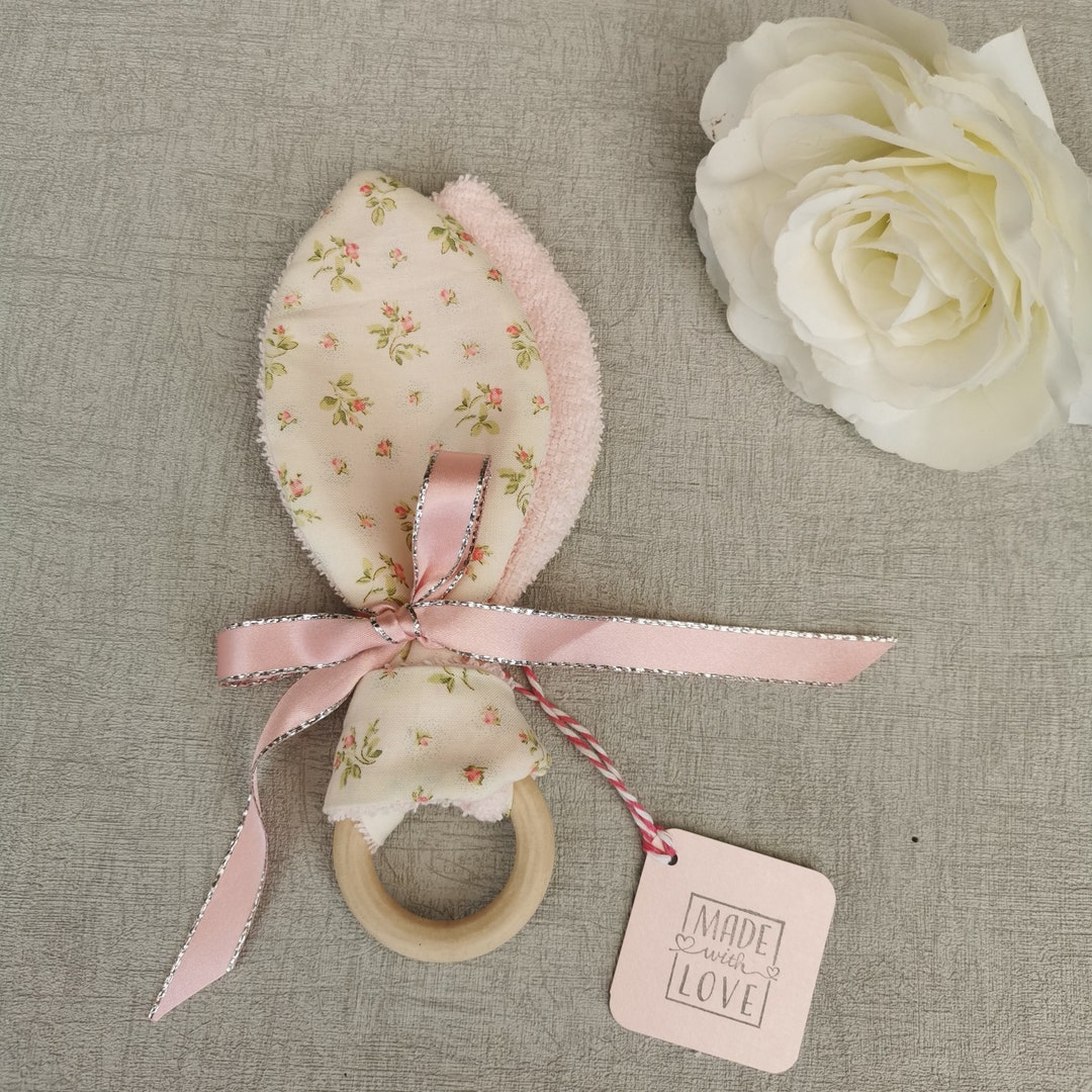 Fabric Bunny Ear Teething Ring, Pink Floral Baby Gift, Small Gift for ...