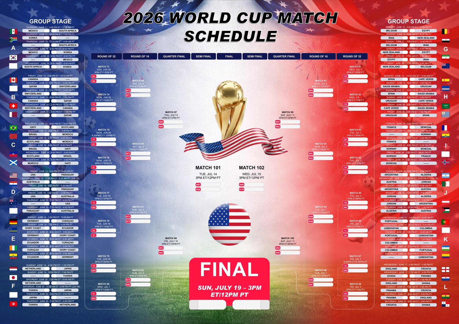 World Cup 2026 Schedule Wall Chart Printable And Fully Editable
