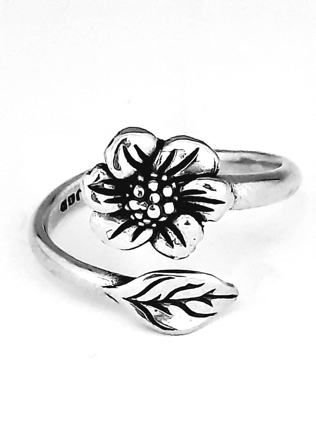 925 Sterling Silver, Flower & Leaf Ring, Silver Leaf Ring, Adjustable ...