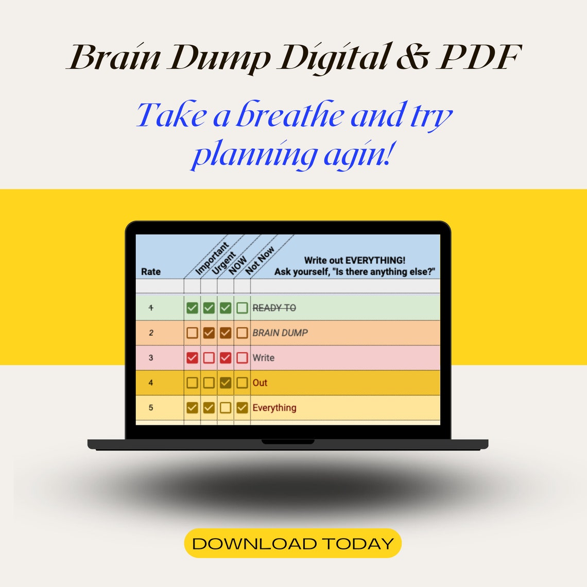 Brain Dump Excel Template | Printable Brain Dump | Editable Spreadsheet ...