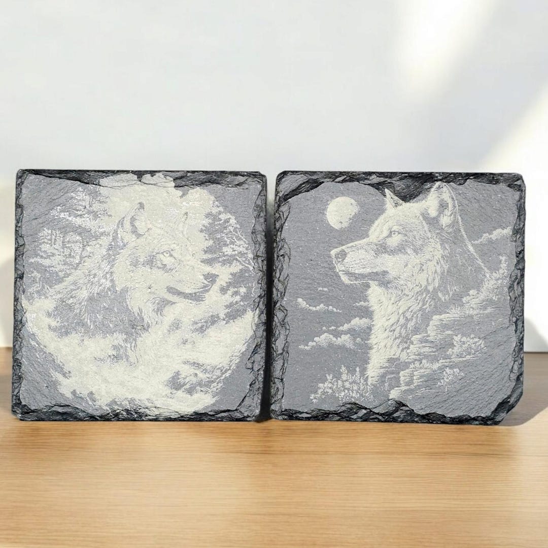 Personalised Wolf Slate Coaster Set – Rustic Wildlife Decor – Custom ...