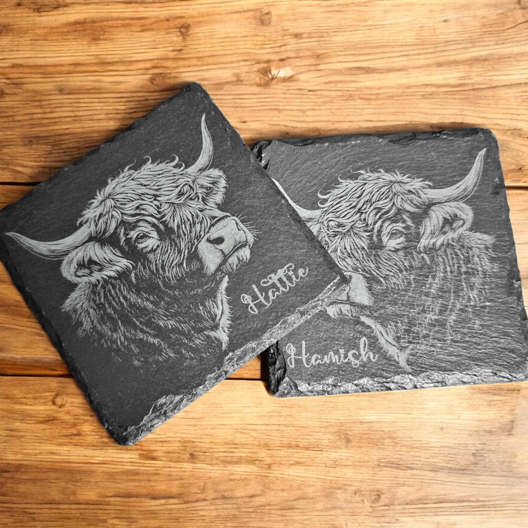 Personalised Highland Cow Slate Coasters Set of 2 – Rustic Farmhouse ...