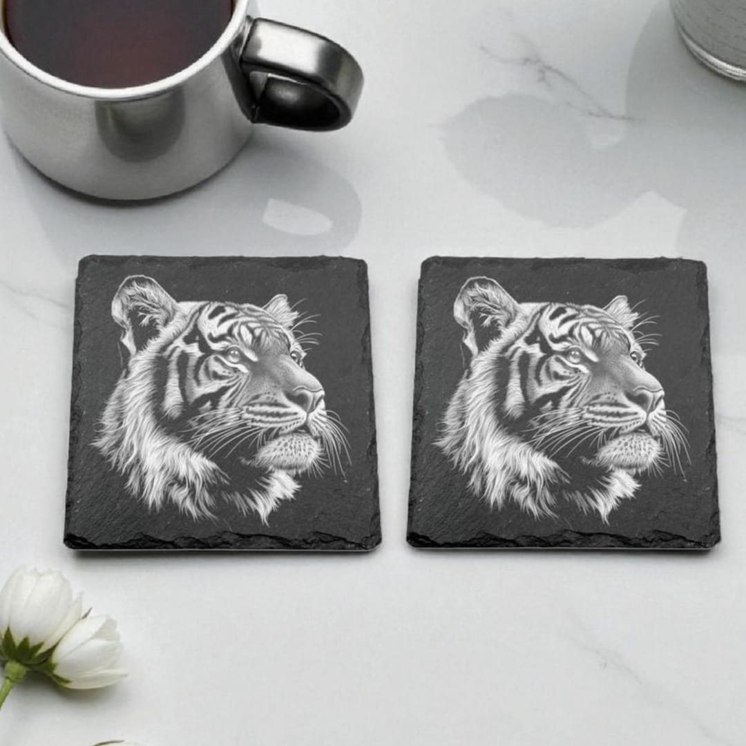 Set of 2 Tiger Slate Coasters – Laser Engraved Wildlife Drink Mats ...