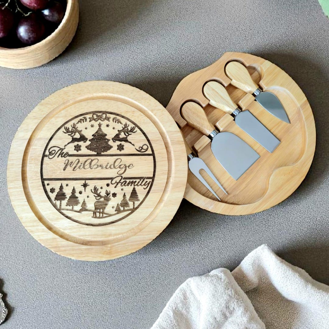 Personalised Engraved Cheese Board Set With Knives – Rotating Drawer ...