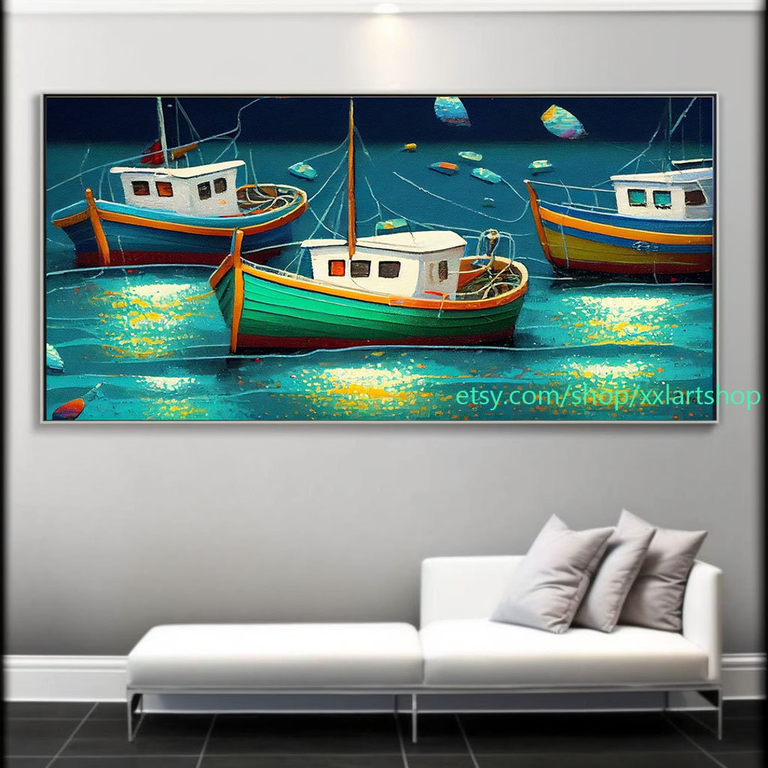 Boats Gather in the Harbor Landscape Artwork, Large Abstract Art ...