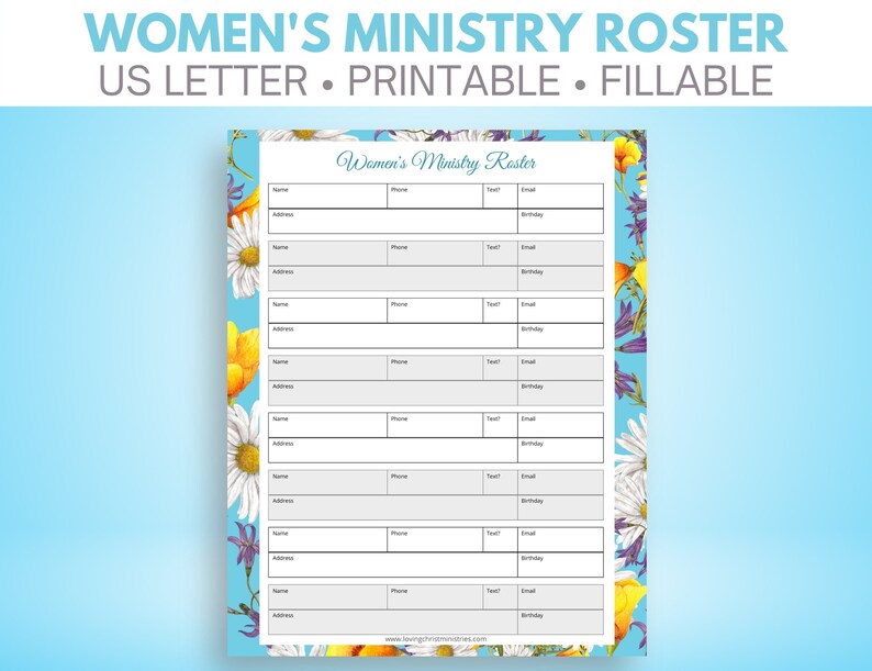 Christian Women's Ministry Roster FILLABLE PDF Summer Blue Floral ...