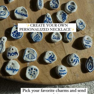 Hand Painted Clay Charm Necklace, Blue Ceramic Style Necklace, Silver ...