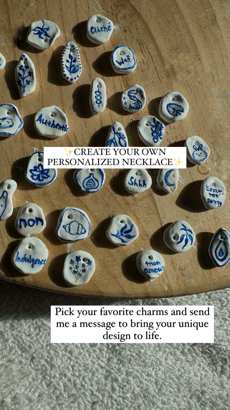 Hand Painted Clay Charm Necklace, Blue Ceramic Style Necklace, Silver ...