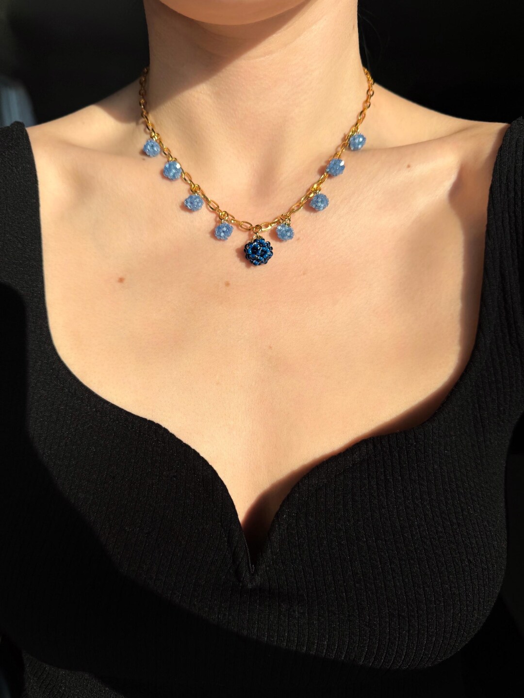 Beaded Blueberry Charm Necklace, Gold Chain With Beaded Handmade ...