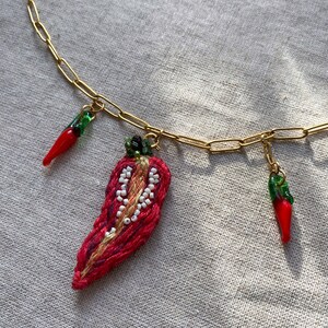 Red Hot Chili Pepper Necklace, Embroidered Cornicello Pendant and Glass ...
