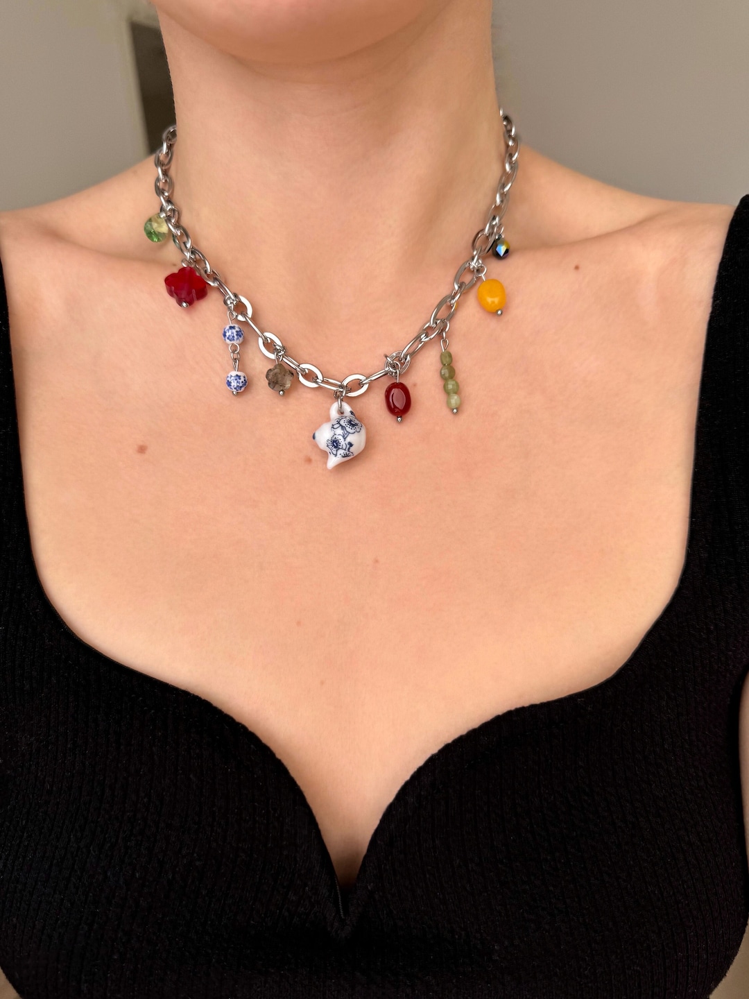 Chunky Multi Charm Choker Necklace, Silver Chain Link Statement ...