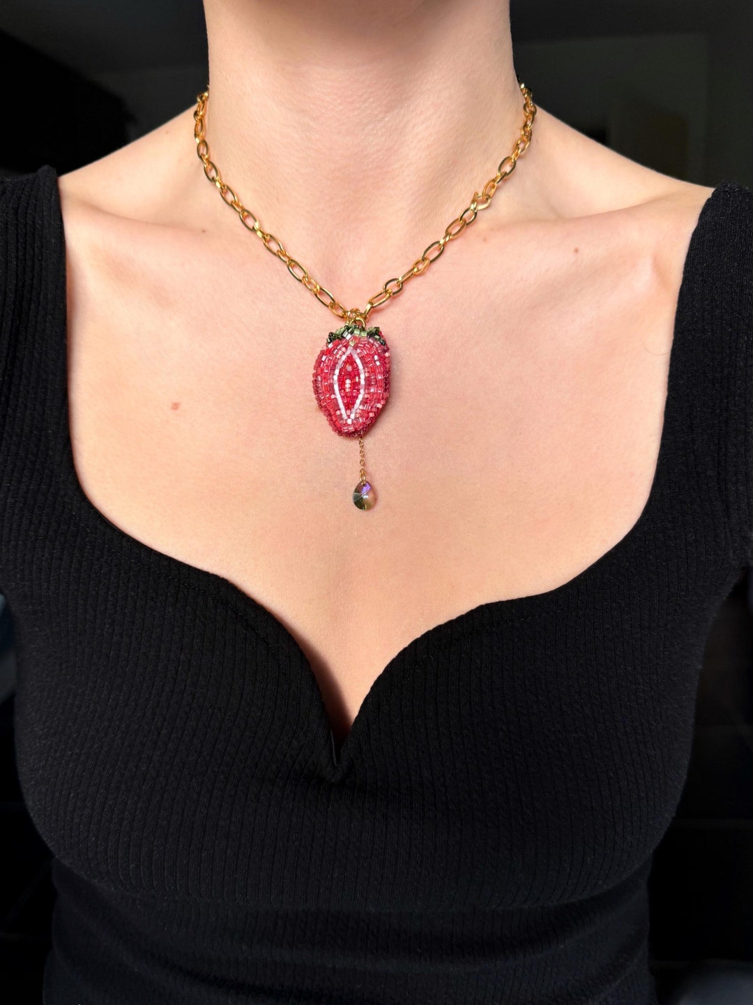 Strawberry Pendant Necklace, Hand Embroidered Fruit Pendant With Gold ...