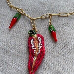 Red Hot Chili Pepper Necklace, Embroidered Cornicello Pendant and Glass ...