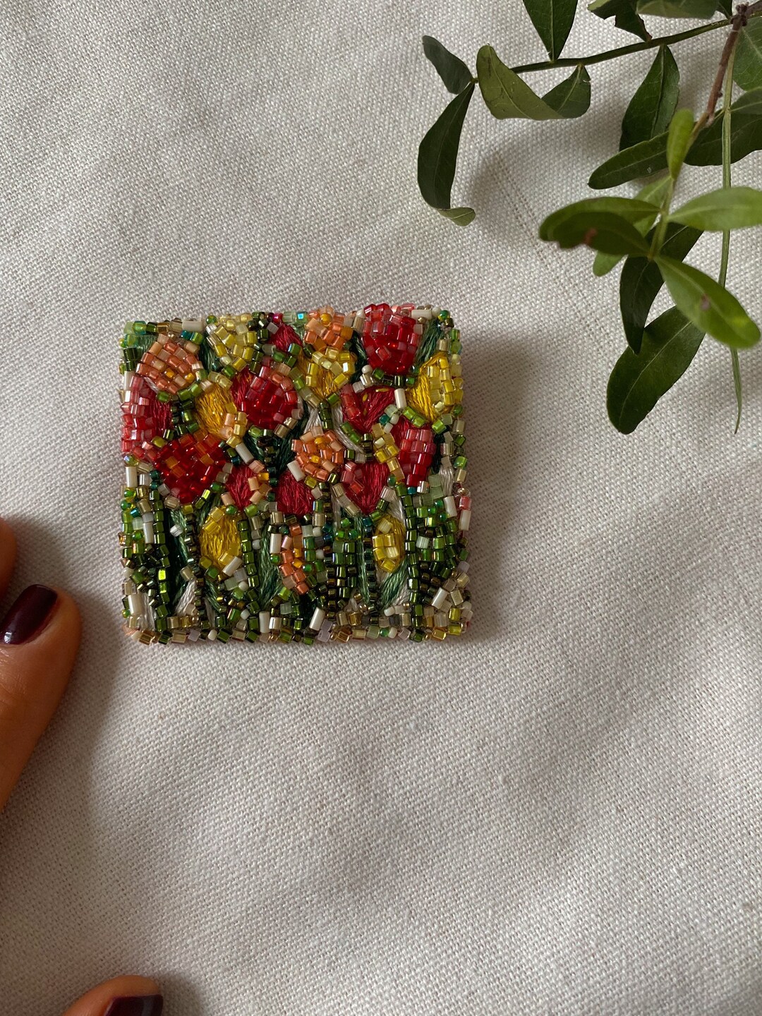 Flower Bead Embroidered Brooch, Red and Yellow Tulipes Field Brooch Pin ...
