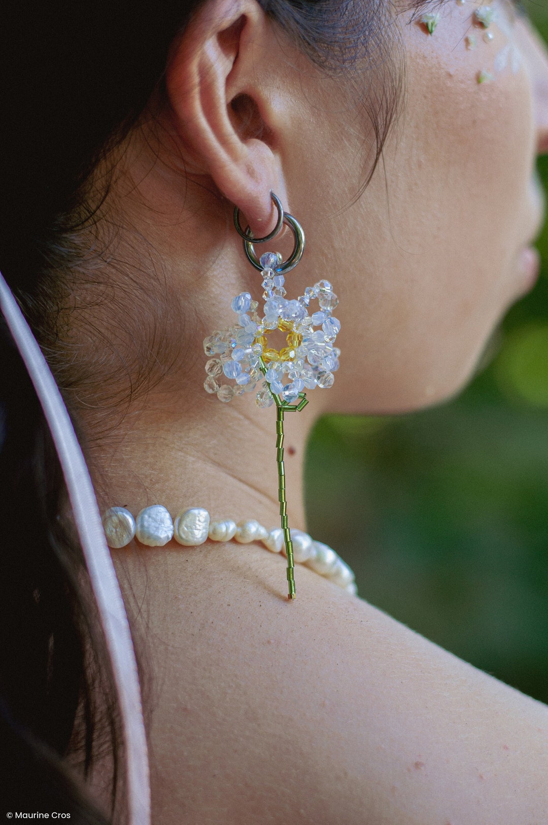Crystal Daisy Flower Mismatched Hoop Earrings, Long Beaded Daisy ...