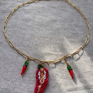 Red Hot Chili Pepper Necklace, Embroidered Cornicello Pendant and Glass ...