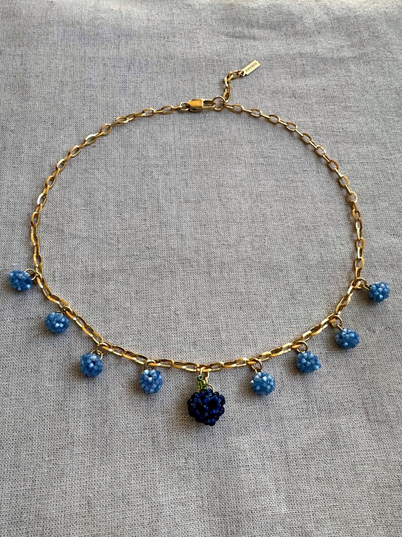 Beaded Blueberry Charm Necklace, Gold Chain With Beaded Handmade ...